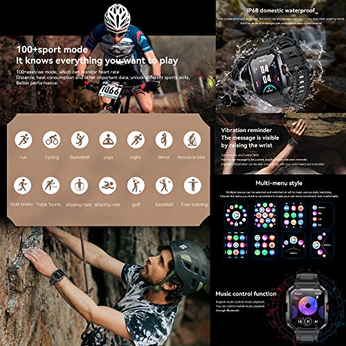 Military Smart Watches for Men, 5ATM Waterproof Rugged Grade Bluetooth Call(Answer/Dial Calls), Health Tracker for Android Phones and iPhone Compatible, 1.85" Heart Rate/Blood Pressure Watch (Black)