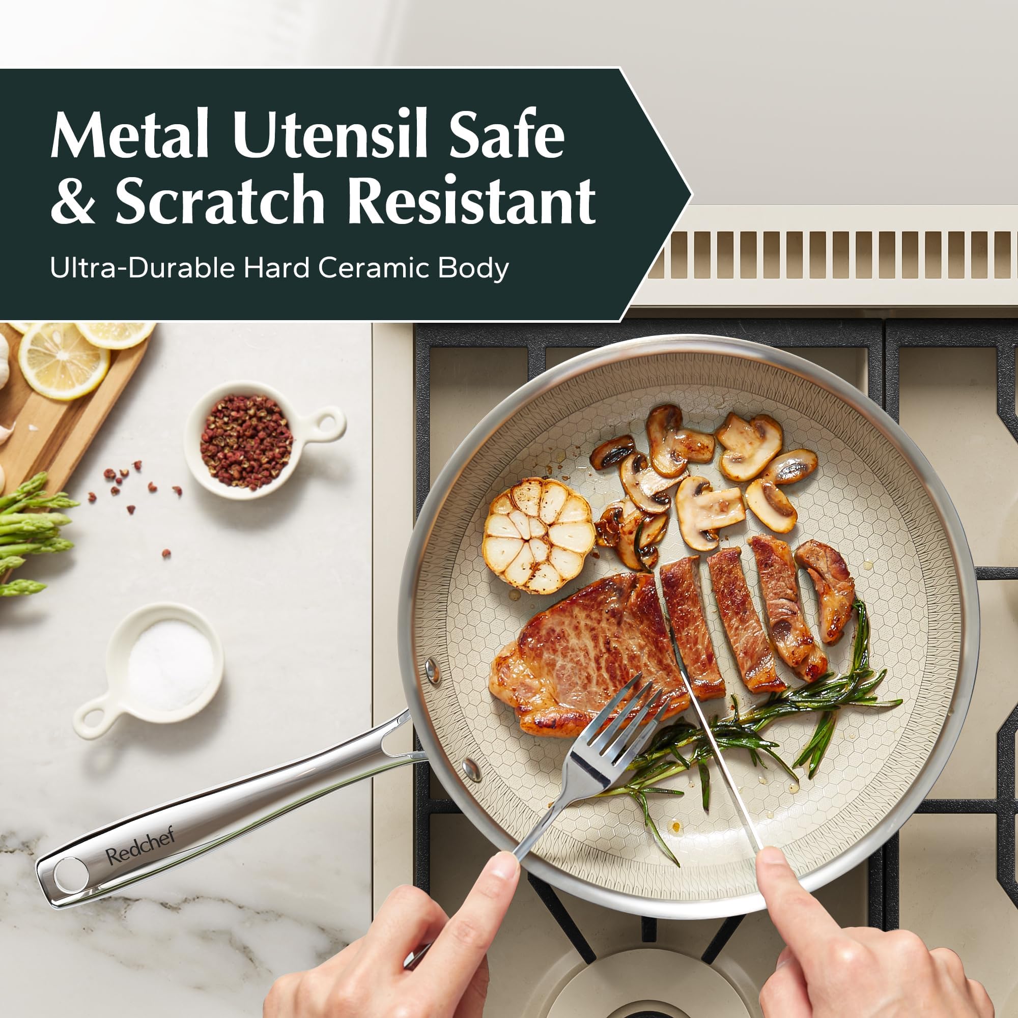 Redchef Non Stick Frying Pans, Hybrid Frying Pans Nonstick, Ceramic Stainless Steel Pan, Non Toxic, PFAS PFOA & PTFE Free, Dishwasher/Oven Safe Cookware, Induction Compatible, 3 Pcs (8, 10, 12 Inch)