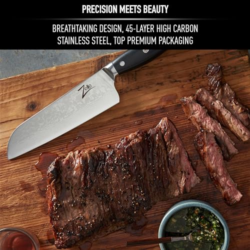 Zelite Infinity 7 Inch Santoku Knife - Japanese Chef Knife with Deep 53mm Blade; Japanese AUS-10 Super Steel 45-Layer Damascus Kitchen Knife with Tsunami Rose Damascus Pattern - Luxurious Gift Box