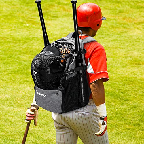 Youth Baseball Bag With Shoes Compartment and Fence Hook Holds Bat, Glove, T-Ball & Softball Equipment, Backpack for Boys and Girls (Grey)