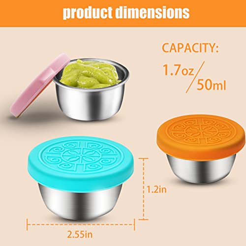 Stainless Salad Dressing Container to Go,6x1.7 oz Reusable Small Containers with Lids, Fits in Bento Box for Lunch,Stainless Steel Condiment Cup,Premium Silicone,Leakproof Dipping Sauce Cups