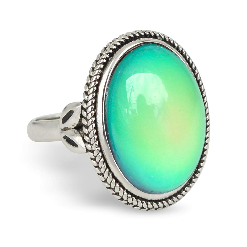 FUN JEWELS Vintage Style Antique Silver Plating Brass Oval Stone Color Change Mood Ring For Women Men Size Adjustable