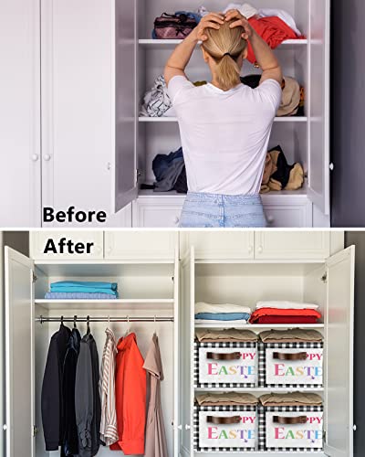 Storage Bins,Spring Truck Bunny Tail Pink Tulip Flower Black White Check Easter Storage Basket with Handles,Waterproof Collapsible Storage Bin,Rabbit Flower Butterfly Storage Organizer Shelves Closet
