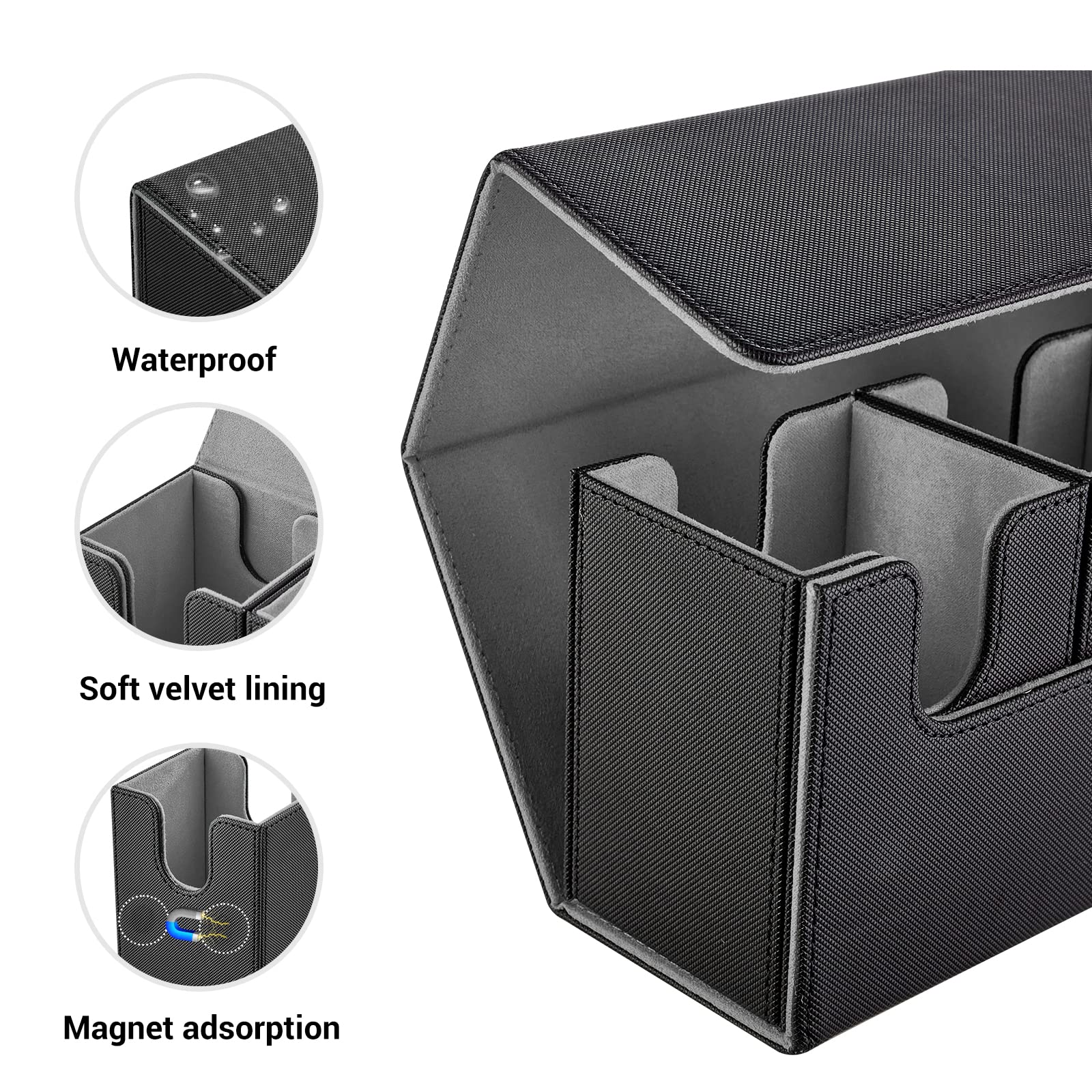 FOTEEMO Card Deck Box for MTG, 3 in 1 Commander Deck Box Deck Box Trading Card Deck Storage Box Holding 300+ Sleeved Cards Magic Commander TCG CCG Sports Card Box (Black and Grey)