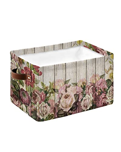Storage Organizer Bins Set of 1 Storage Baskets for Clothes on Shelves With Handles Vintage Flower Print Wooden Board Plank Wood Grain Rectangular Fabric Laundry Baskets for Organizing