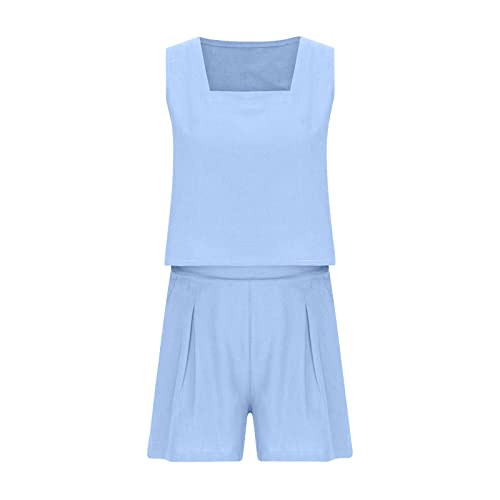 Oggfader Summer 2 Piece Outfits Sets for Women 2023 Square Neck Tank Tops Loose Casual Lightweight Shorts with Pockets