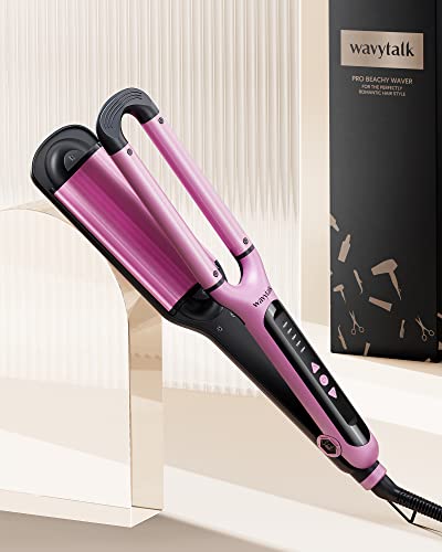Wavytalk Beach Waves Curling Iron 3 Barrel Deep Hair Waver Hair Crimper Ceramic Curling Wand Beachy Waving Wand Hair Iron Adjustable Heat 300℉ - 420 ℉ Dual Voltage Pink