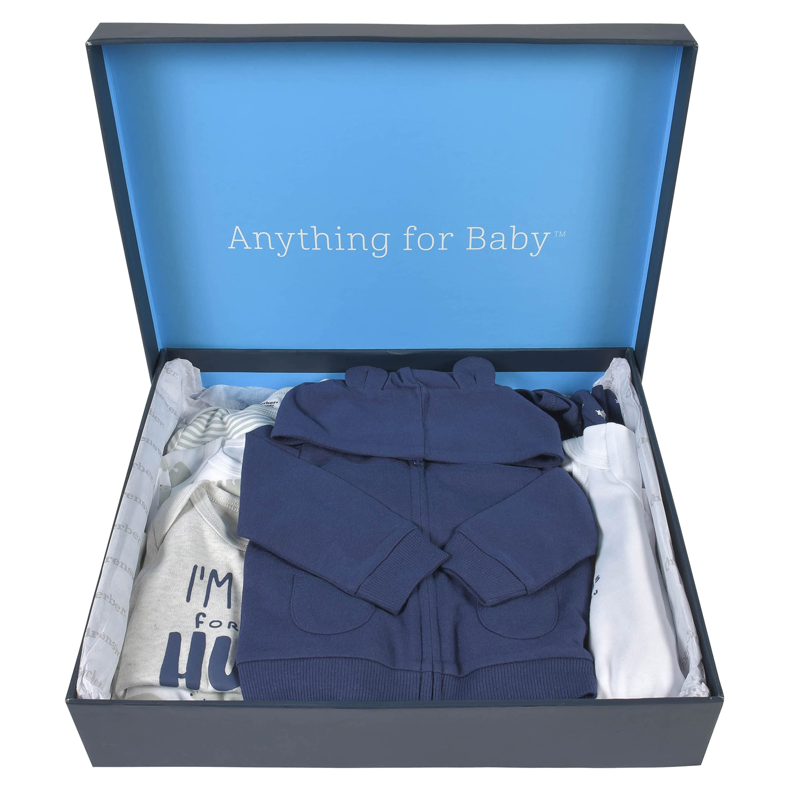 Gerber Baby 8-Piece Clothing Gift Set (5Pk Bodysuits 2Pk Pants & 1Pk Hooded Cardigan), Blue, 3-6 Months