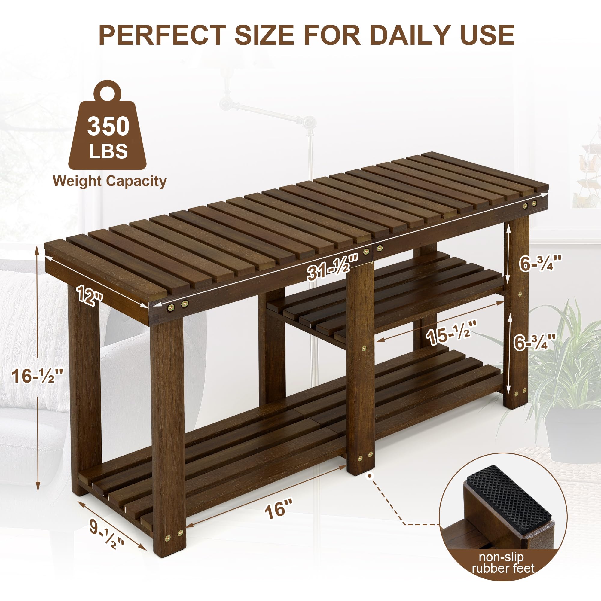 FLYJOE Shoe Rack Bench, 3-Tier Freestanding Wooden Shoe Organizer with Seat, Entryway Bench, Storage Shelf for Kitchen Living Room Bathroom Bedroom, Walnut