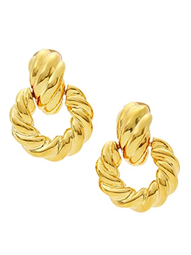 Kenneth Jay Lane Gold Polished Satin and Two-Tone Round Doorknocker Clip-On Earrings (Polished Twist)