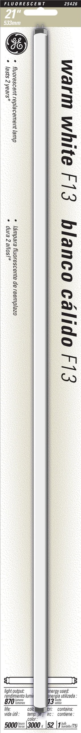 General Electric Undercabinet Light Bulb, T5 Tube Light, 21-Inches, 13 Watt, Miniature Bi-Pin Base, Cool White (5 Pack)