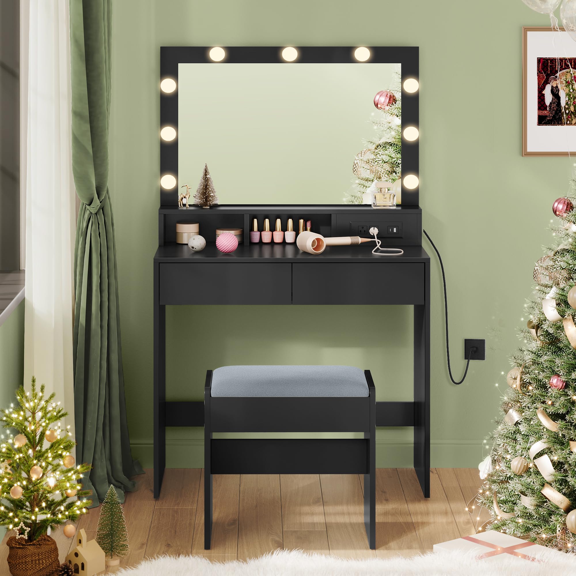 VASAGLE Vanity Desk with Power Outlets, Makeup Vanity with Mirror and Lights, with Upholstered Vanity Stool, 9 Dimmable LED Lights, 2 Compartments, 2 Drawers, for Bedroom, Ink Black URDT029B01