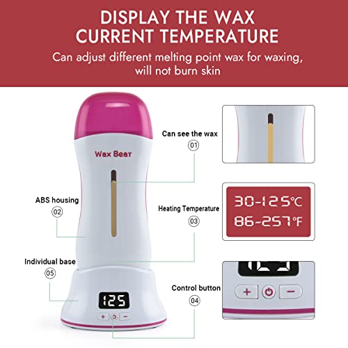 Wax Bear Roll On Wax Heater Kit for Hair Removal,Roller Wax Cartridge Depilatory Digital Temperature Display with for Personal & Professional Use,White