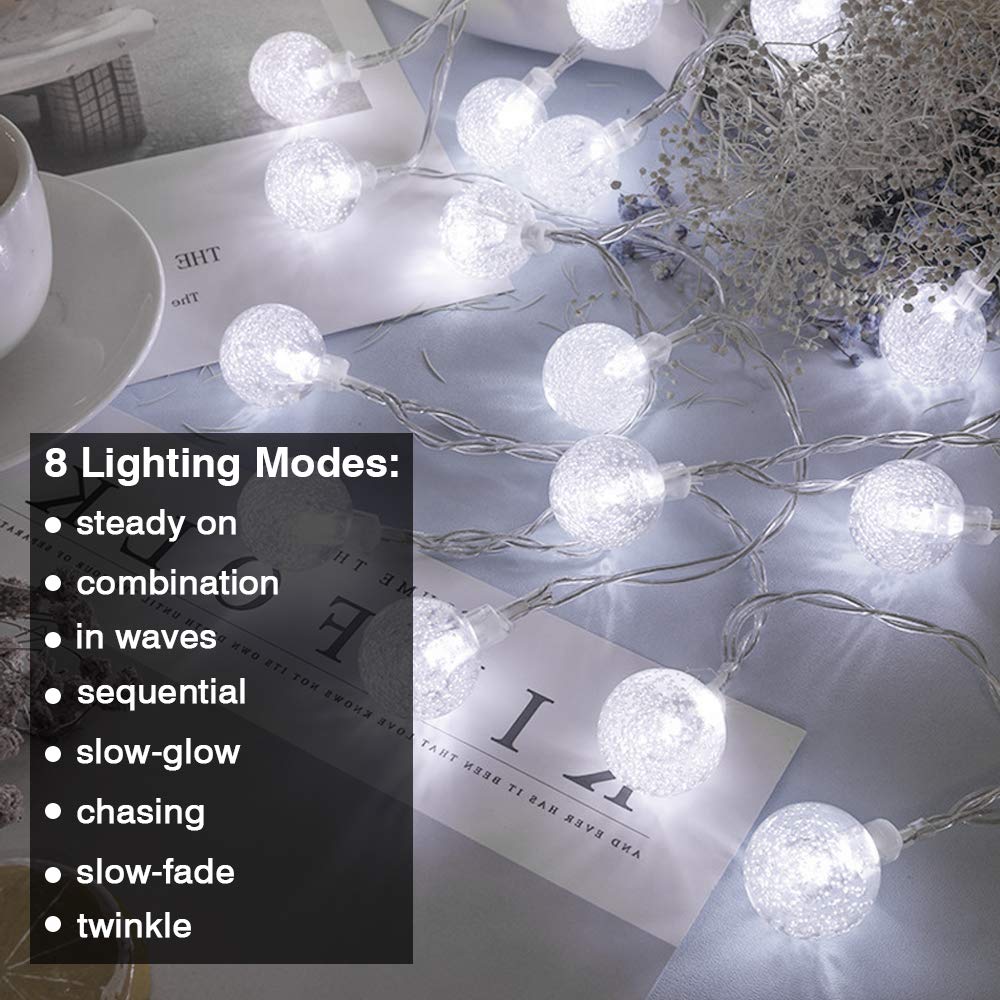 Globe Solar String Lights, Upgraded 23ft 50LED Fairy Crystal Ball Light with Solar & USB Powered, 8 Modes Waterproof String Lights for Garden Wedding Party Outdoor/Indoor Decoration (Cool White)