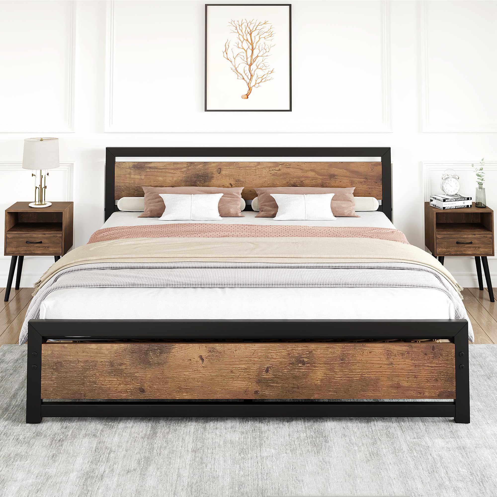 GAOMON King Size Bed Frame with Wooden Headboard, Industrial King Bed Platform Frame with Heavy Duty Steel Slat, No Box Spring Needed Easy to Assemble 14 inch Mattress Foundation - King