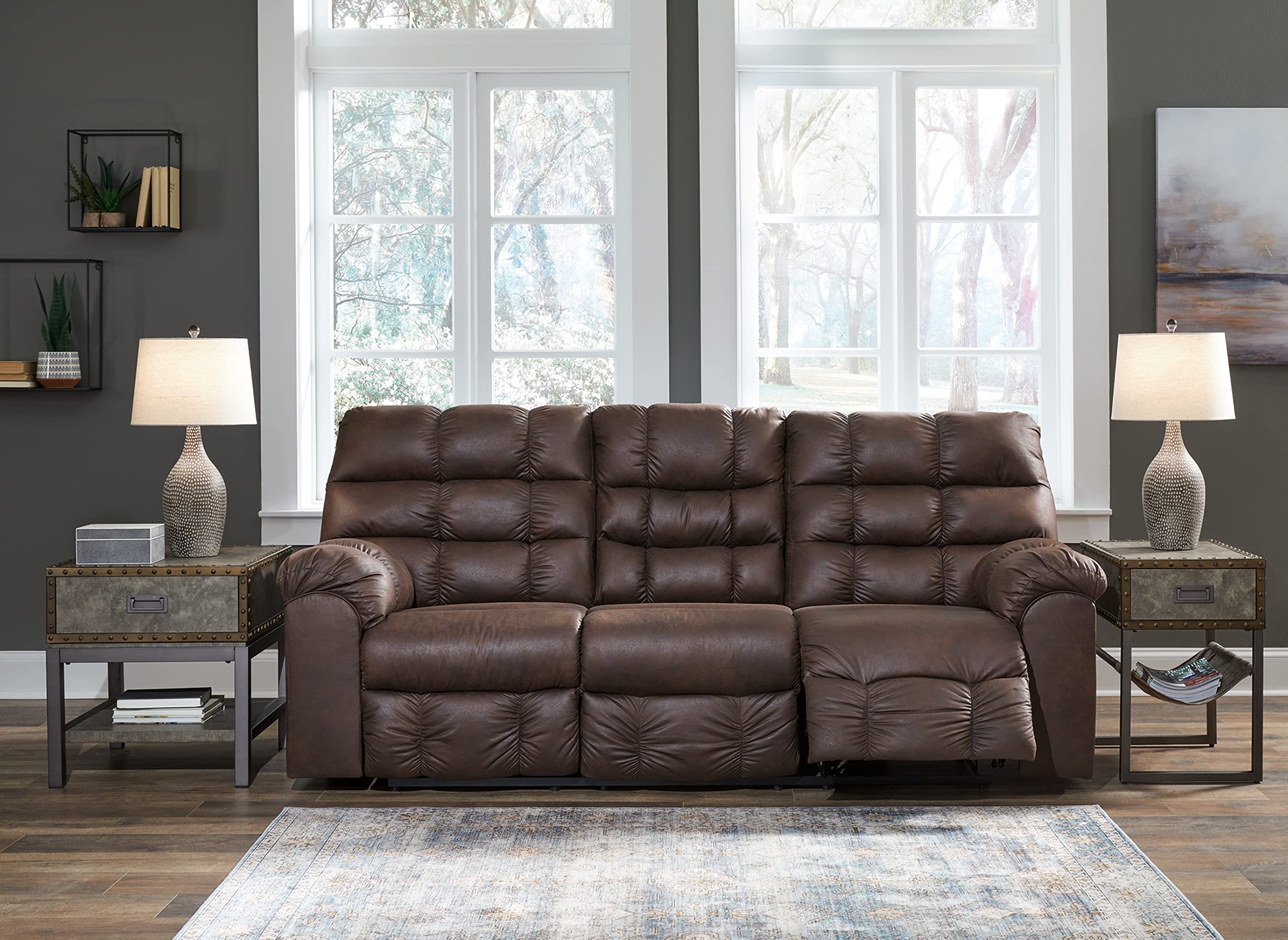 Signature Design by Ashley Derwin Urban Faux Leather Tufted Reclining Sofa with Drop Down Table, Dark Brown