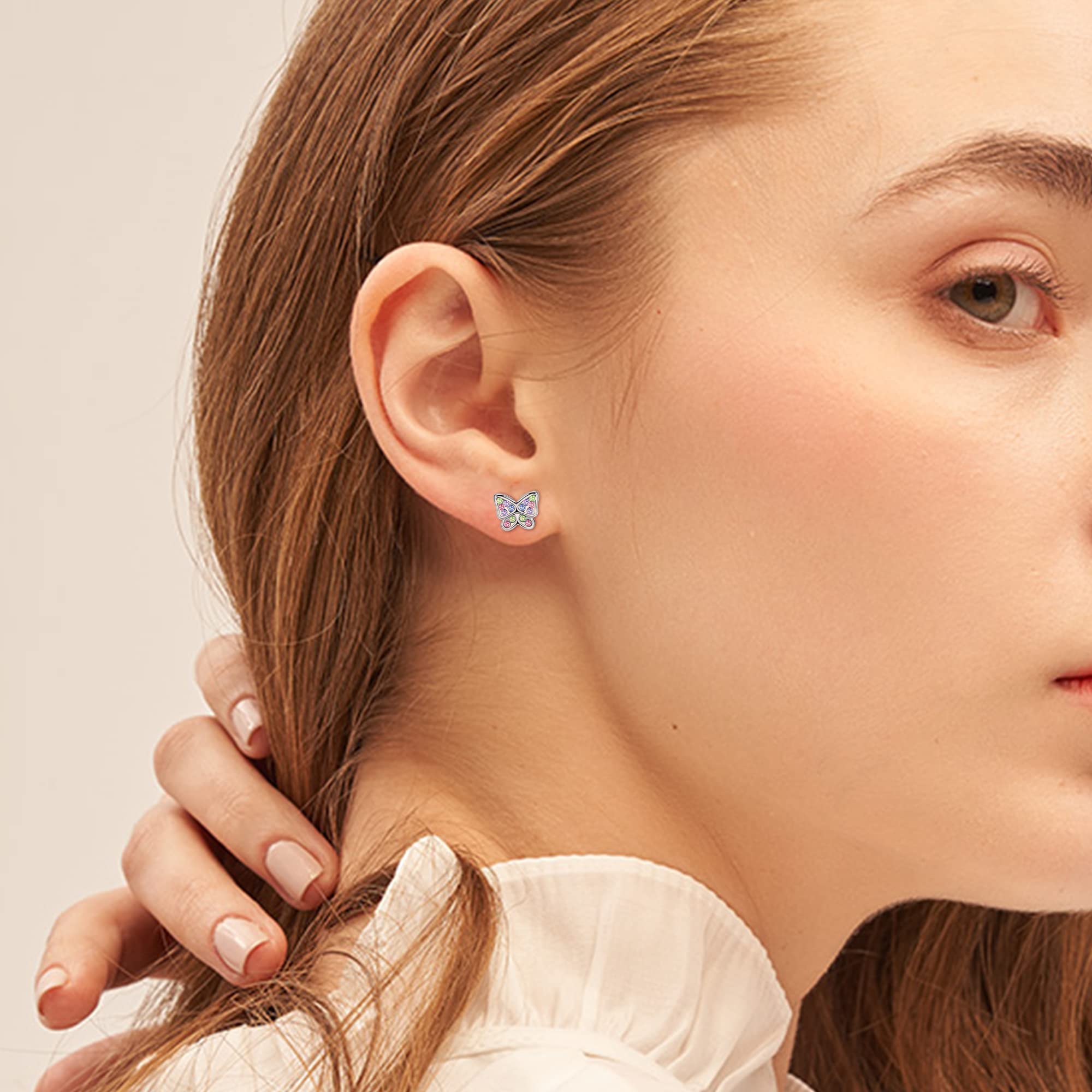 Helicopchain 8 Pairs Hypoallergenic Screwback Earrings Studs for Women Teens 316L Stainless Steel CZ Heart Screw Back Earring Studs Flower Multicolored Butterfly Stud Earrings Set