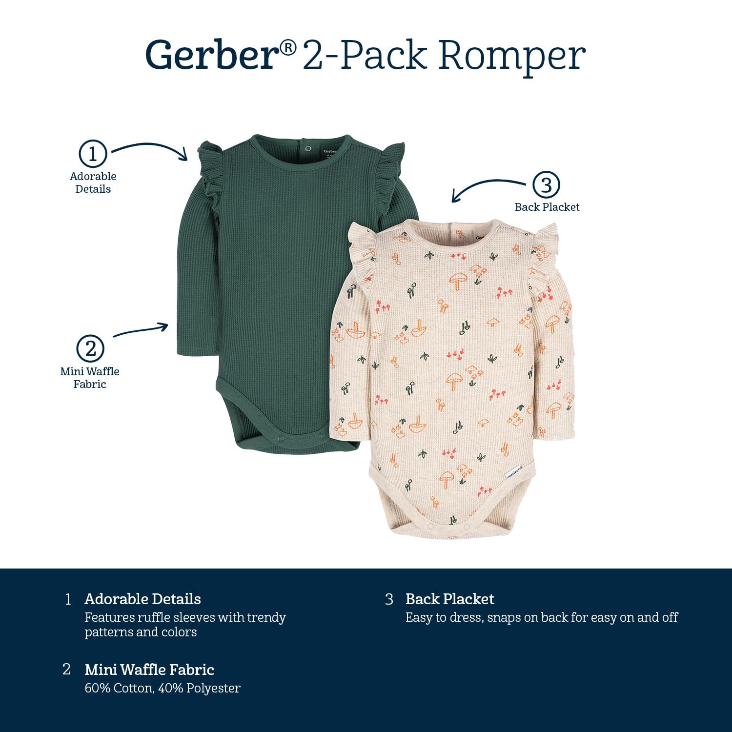 Gerber Baby Girl's 2-Pack Long Ruffle Sleeve Onesies, Mushrooms
