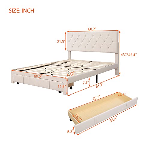 YuiHome Queen Bed Frame with Storage Drawer, Velvet Upholstered Storage Bed with Button Tufted Headboard, Wingback Platform Bed Queen Size,No Box Spring Required,Beige