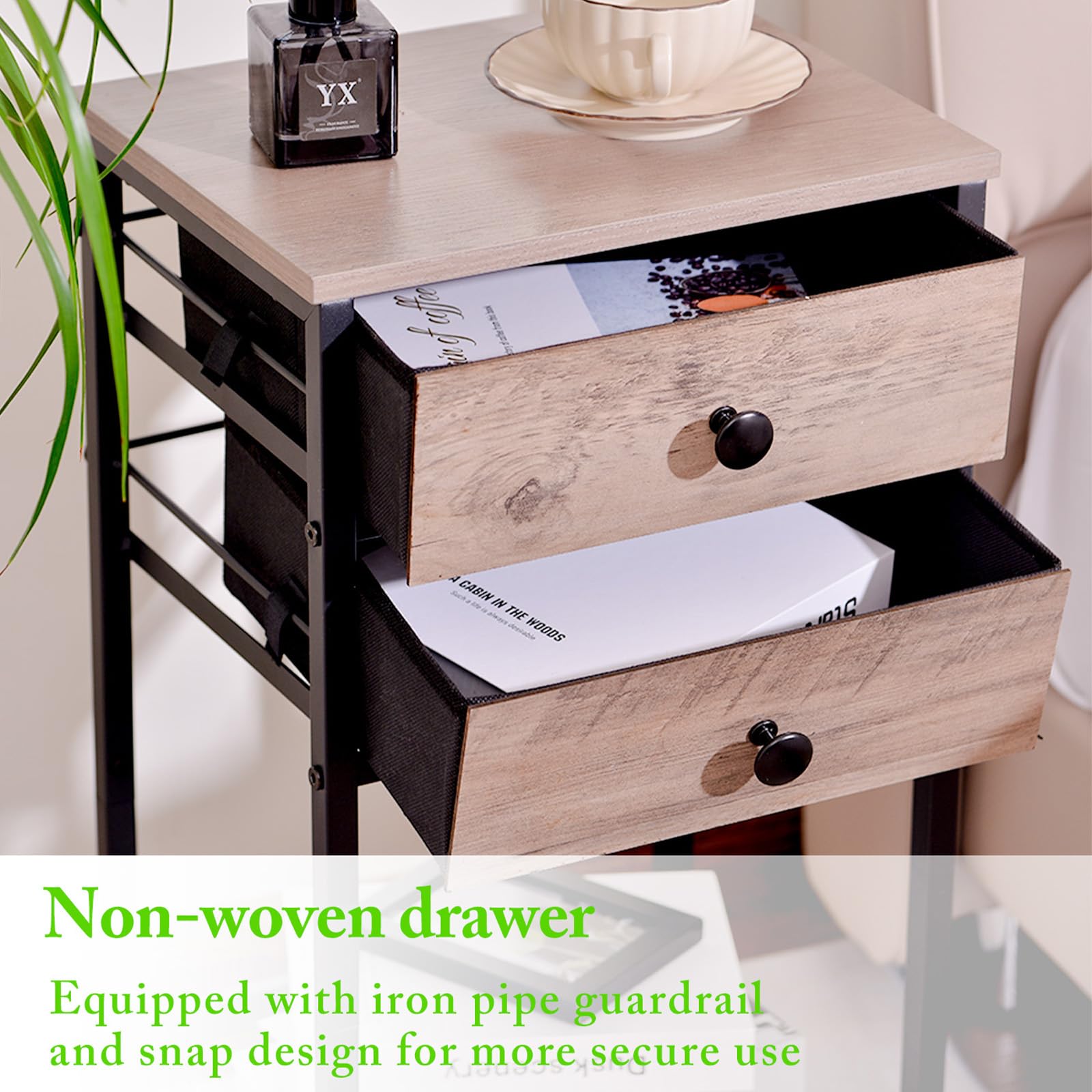YSVCO Tall Nightstand, Bedside Table with 2 Fabric Drawers, 26.3" Tall End Table for Small Spaces, Industrial Telephone Table, Small Side Table Stand for Bedroom Black EB70BS