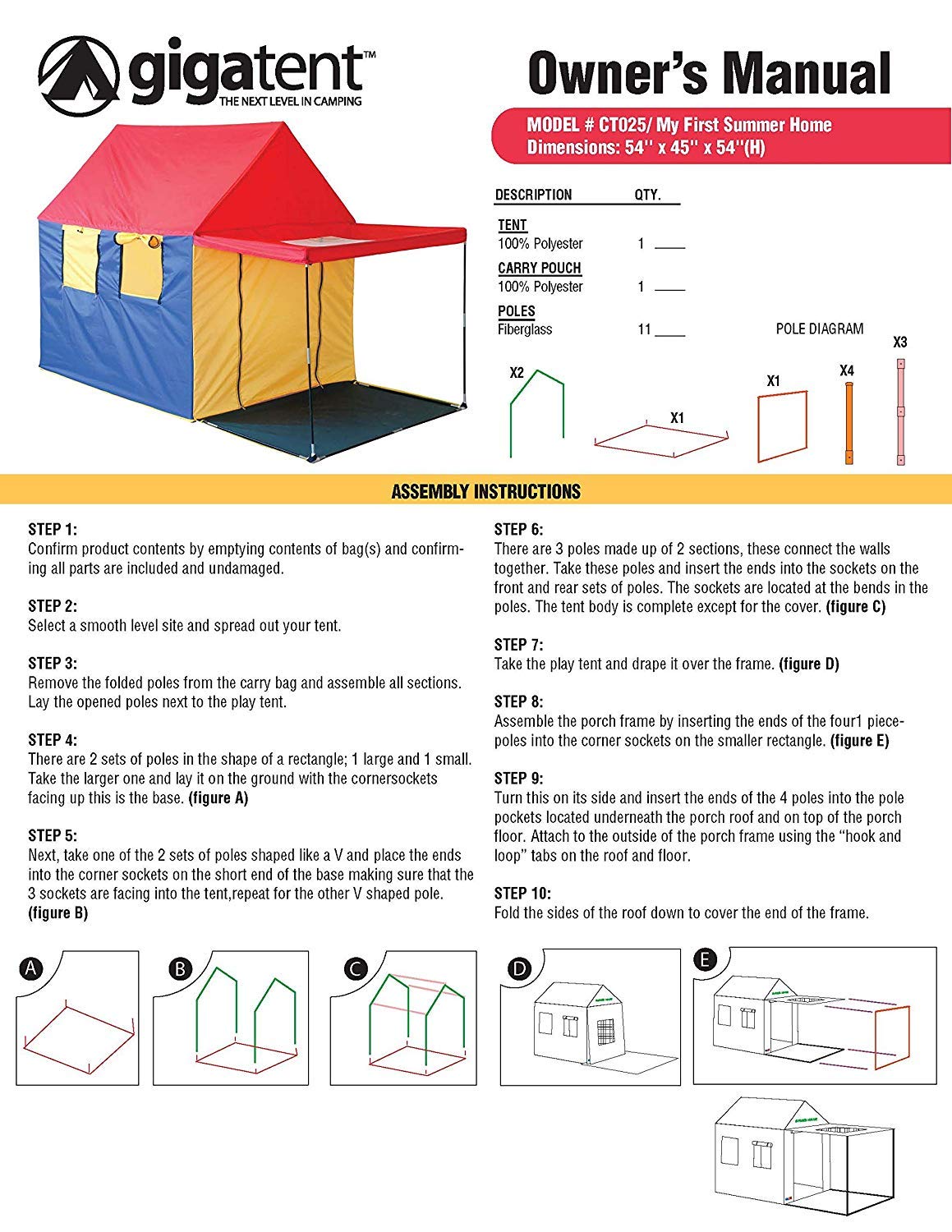 GigaTent MY FIRST SUMMER HOUSE PLAY TENT 4 LARGE WINDOWS with SKYLIGHT Pitch roof designed to look like a real house Easy to set up