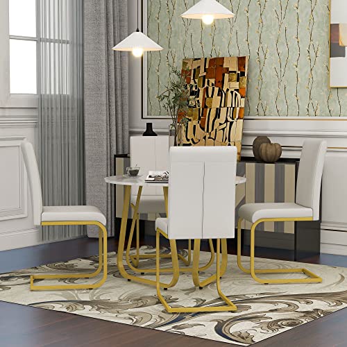 GLORHOME 4 5-Piece Round Set | Faux Marble Table | Four Chairs with Metal Legs | Versatile for Dining, Kitchen, and Living Room | White, White2