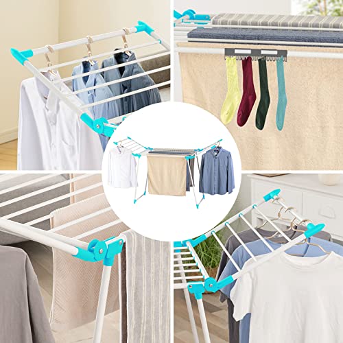 YUBELLES Clothes Drying Rack, Gullwing Laundry Rack, Collapsible, Space-Saving Laundry Rack, with Bonus Sock Clips, for Clothes, Towels, Linens, Indoor/Outdoor, Cyan