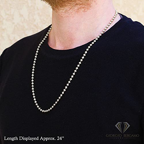 Giorgio Bergamo 925 Italian Sterling Silver 4mm Ball Bead Moon Cut Chain, Rhodium Dog Tag Solid Necklace, (24)