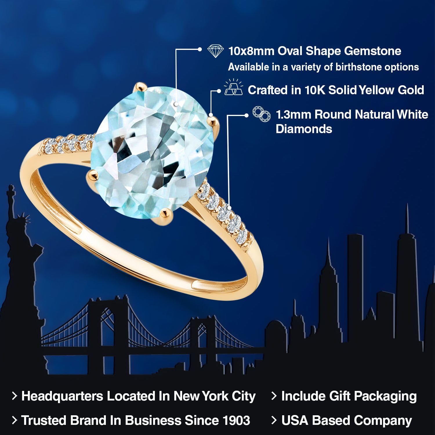 Gem Stone King 10K Yellow Gold 10X8MM Oval Gemstone Birthstone & White Diamond Engagement Ring | Yellow Gold Ring For Women | Available in Size 5-9