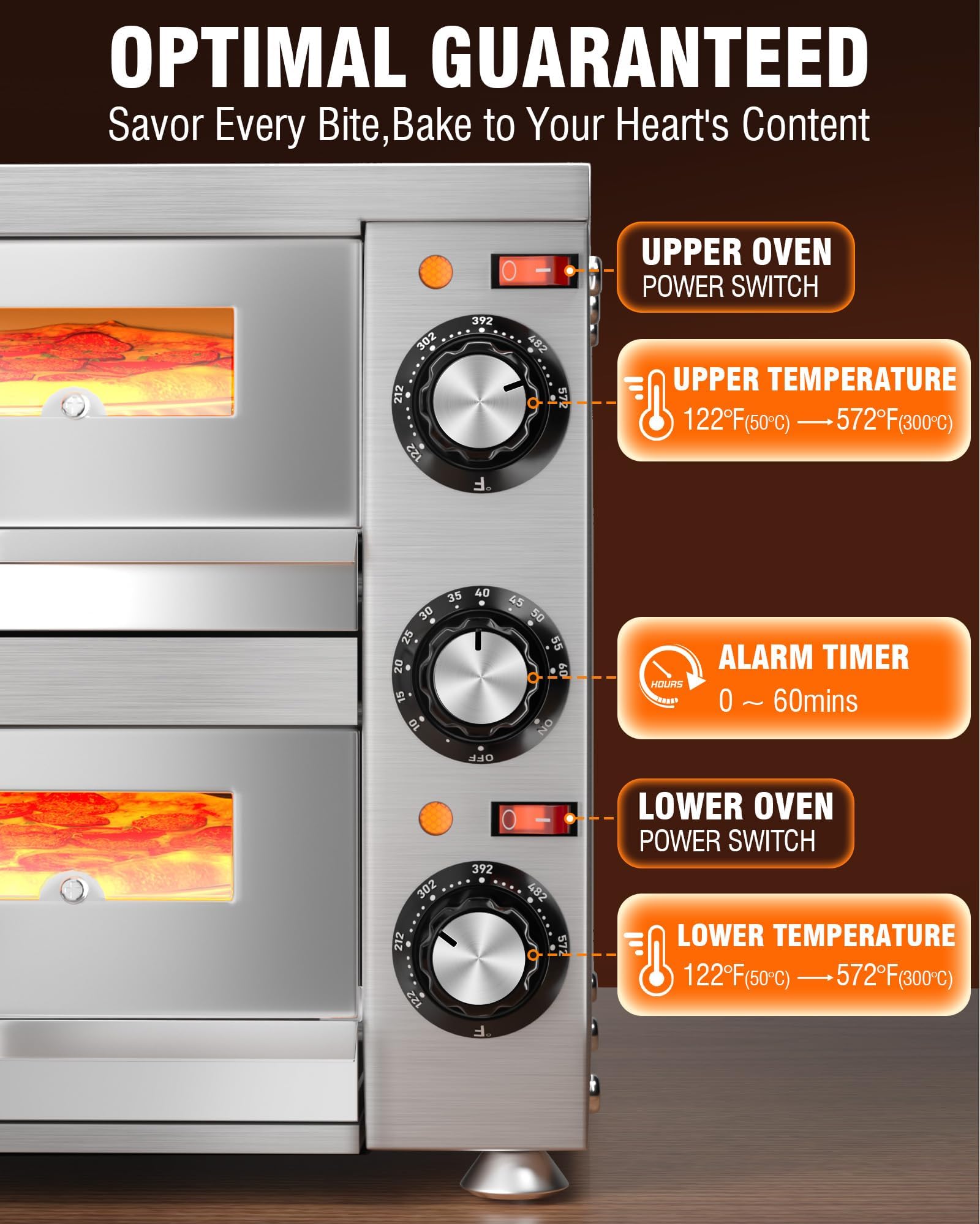 PYY Countertop Pizza Oven Electric Indoor Pizza Oven with Viewing Window Commercial Stainless Steel 2-Layers Pizza Cooker with Timer for Home Restaurant