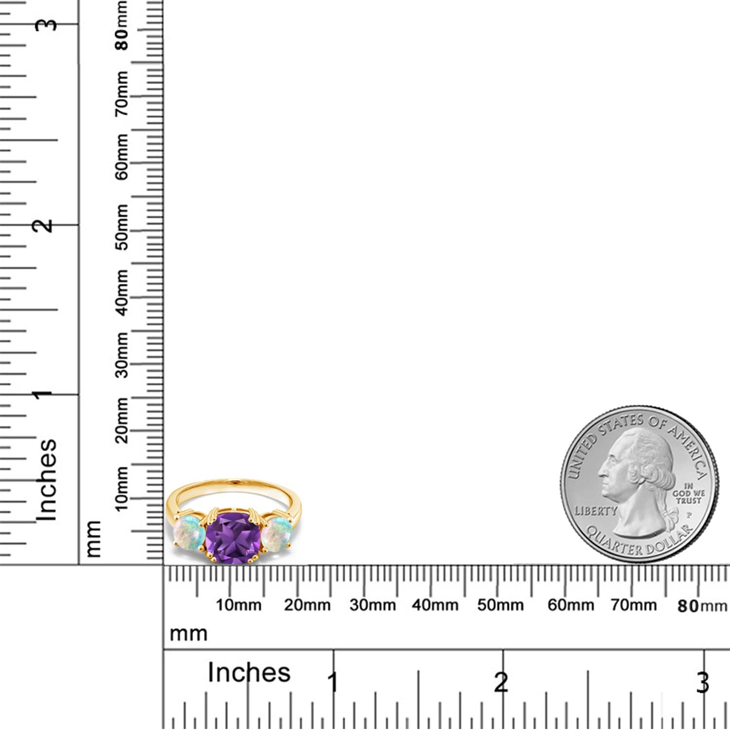 Gem Stone King 18K Yellow Gold Plated Silver Purple Amethyst and Simulated White Opal 3 Stone Engagement Ring For Women (3.10 Cttw, Gemstone February Birthstone, Cushion 8MM, Size 9)