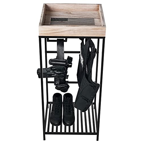 PINKBlUE American Flag Tactical Duty Gear Rack with Gun Storage Drawer – Police Storage Shelf with Firearm Storage & Law Enforcement Organizer-Veterans &Police Gift (Wood Color-Customize)