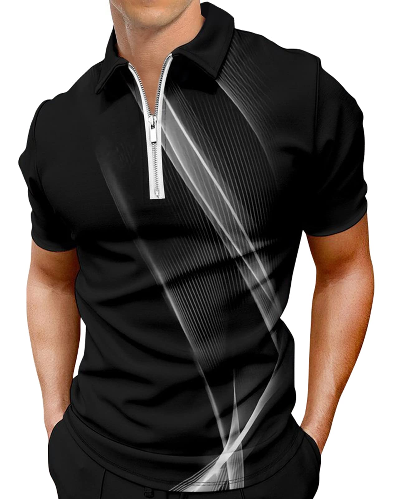 KevaMolly Zipper Polo for Men Short Sleeve Tee shirt Bowling Golf Polo Shirts Stripe Gradient Printed Black