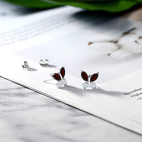 Gem Stone King 925 Silver Marquise Red Garnet and White Created Sapphire Butterfly Earrings For Women (1.56 Cttw, Gemstone January Birthstone, Center Stone: 6X3MM, Small Stones: 3MM)
