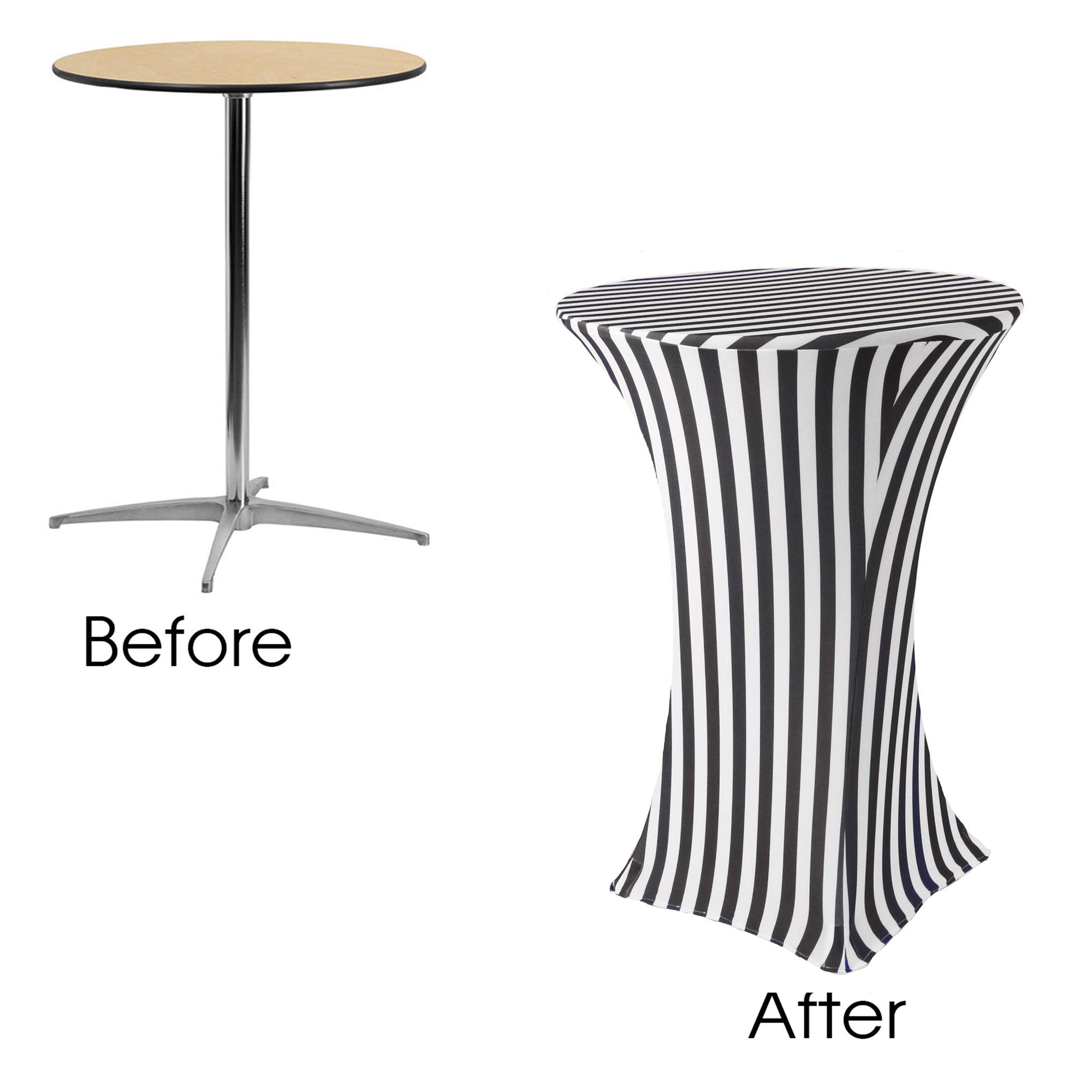 YOUR CHAIR COVERS - 30" D x 42" H Highboy Cocktail Round Stretch Spandex Table Cover - Black and White Striped, Fitted Elastic Tablecloth for Round Tables, Outdoor Party DJ Tradeshow Vendor Wedding