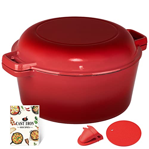 Overmont 2 in 1 Enameled Cast Iron Dutch Oven with Skillet Lid & Cookbook for Induction, Electric, Grill, Stovetop, Bread Baking (5 Quart)