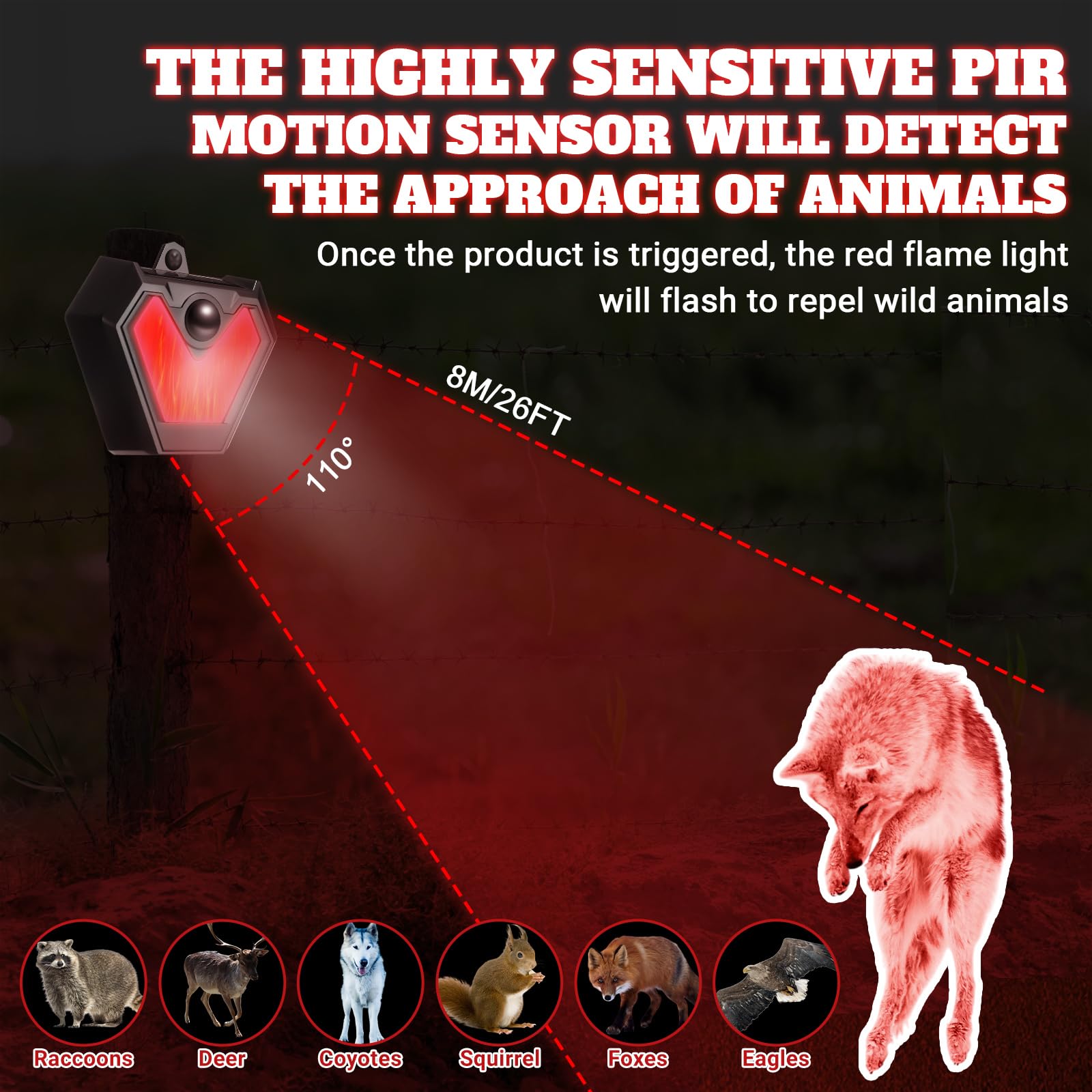 Qualirey 4 Pcs Upgraded Solar Nocturnal Animal Repeller Flickering Flame Outdoor Animal Repellent Motion Activated Coyote Deterrent Light for Skunk Deer Chicken Coop Farm Garden Yard(Red Light)