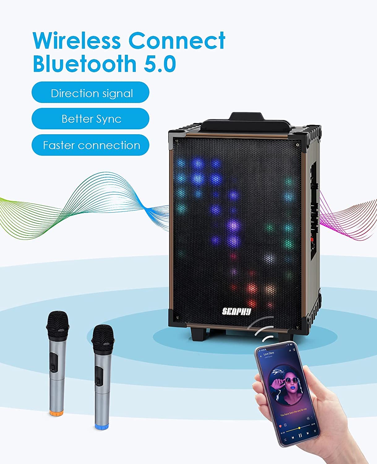 Karaoke Machine for Adults and Kids, SEAPHY DJ Lights 10'' Wooden Woofer BT Connectivity Wireless PA Speaker System with 3 Handheld Microphones for Party/Meeting/Performance Cool Disco Light