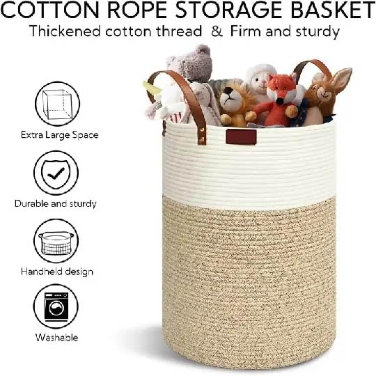 Woven Rope Laundry Basket with Leather Handles - Versatile Woven Rope Storage Basket for Blanket, Toy In Living Room, Bathroom, Bedroom - 58L White & Brown