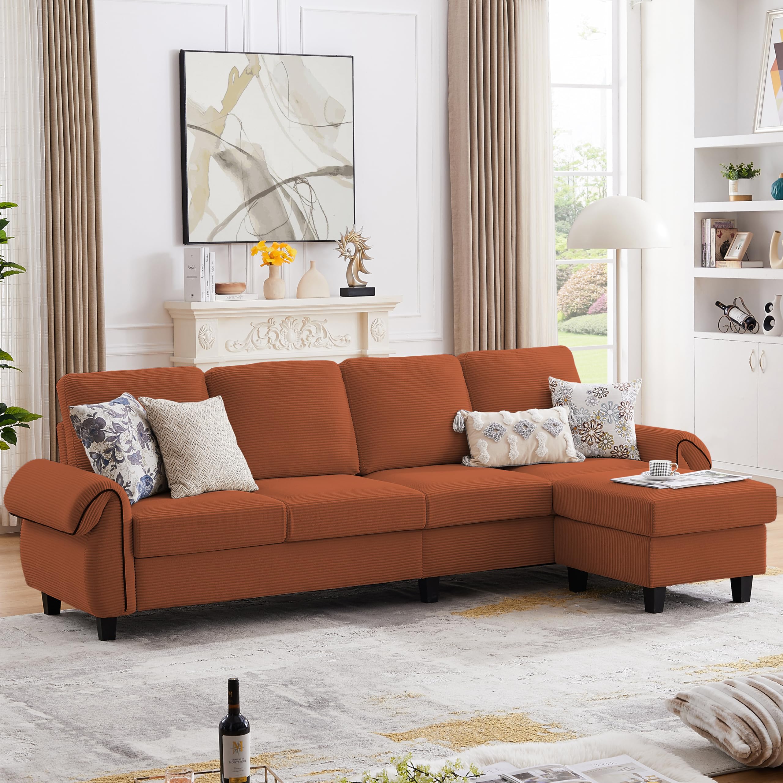 Soscana 112" Convertible Sectional Sofa Couch, 4 Seater L Shaped with Ottoman Reversible Chaise, Modern Microfiber Couches for Living Room, Orange