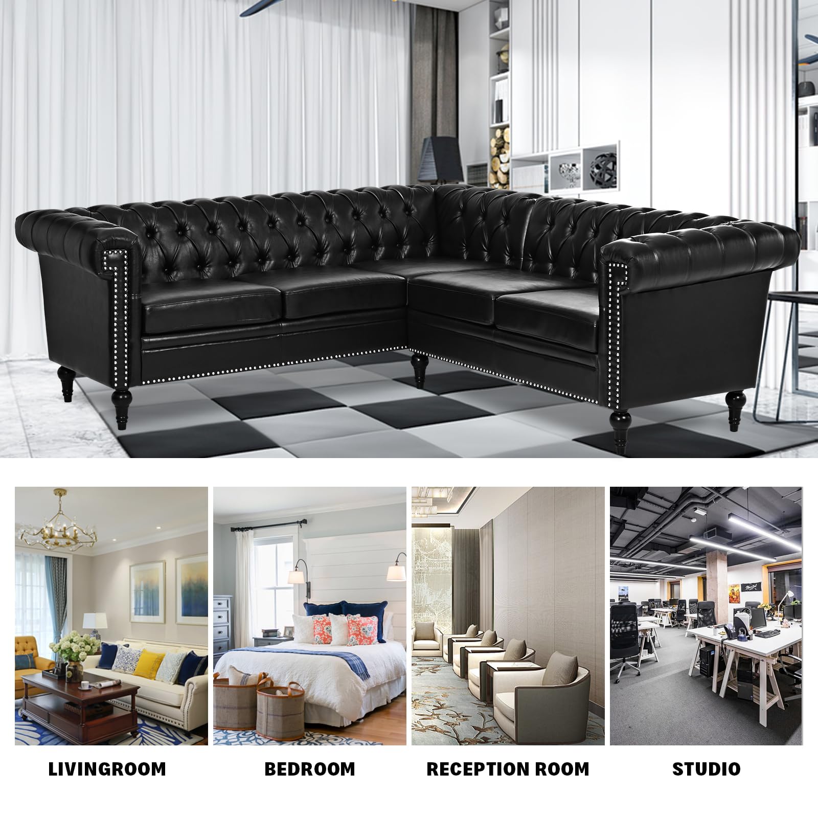 Vaztrlus Chesterfield L-Shaped Faux Leather Sectional Sofa, Modern, Large Corner Couch for Living Room with Modular Button Design. Five-Seater Sofas (Black