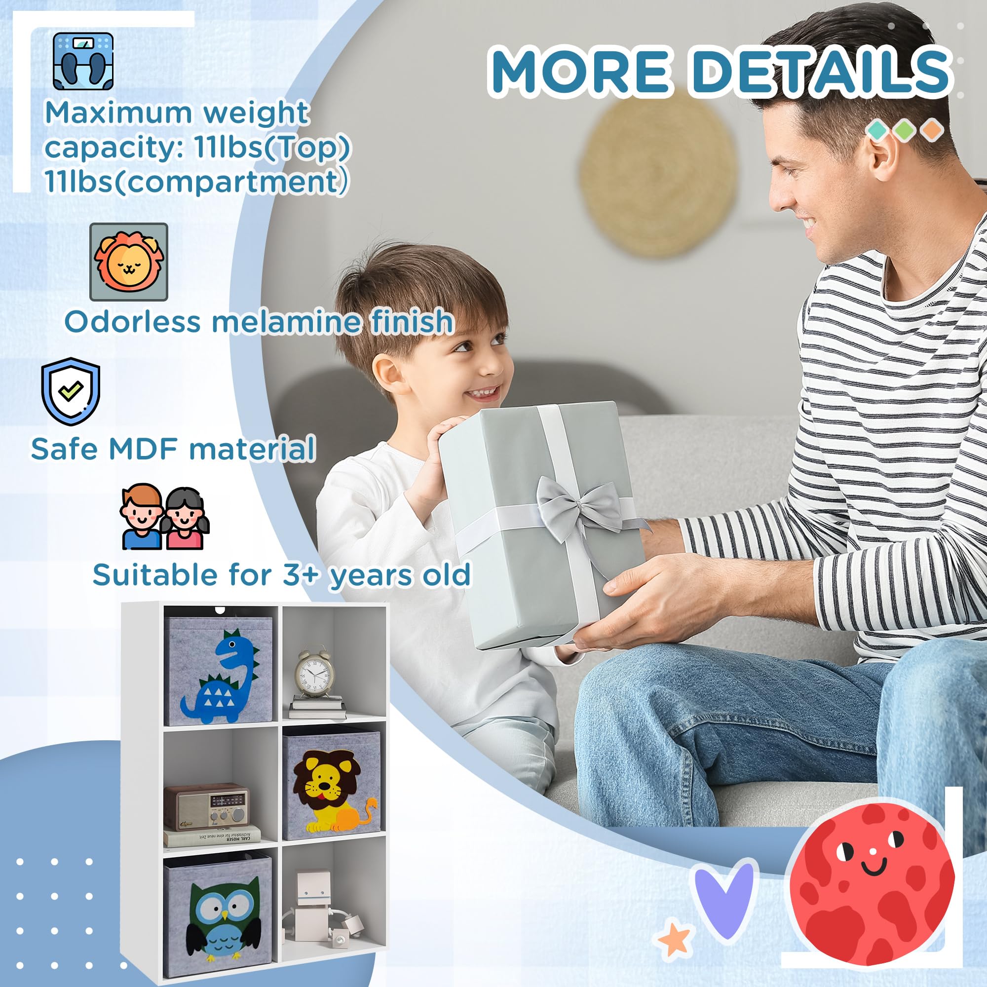 Qaba Children's Toy Organizer, Toy Storage with 3 Storage Bins and Cute Animal Design, Toy Shelf for Kids 3+ Years Old, White
