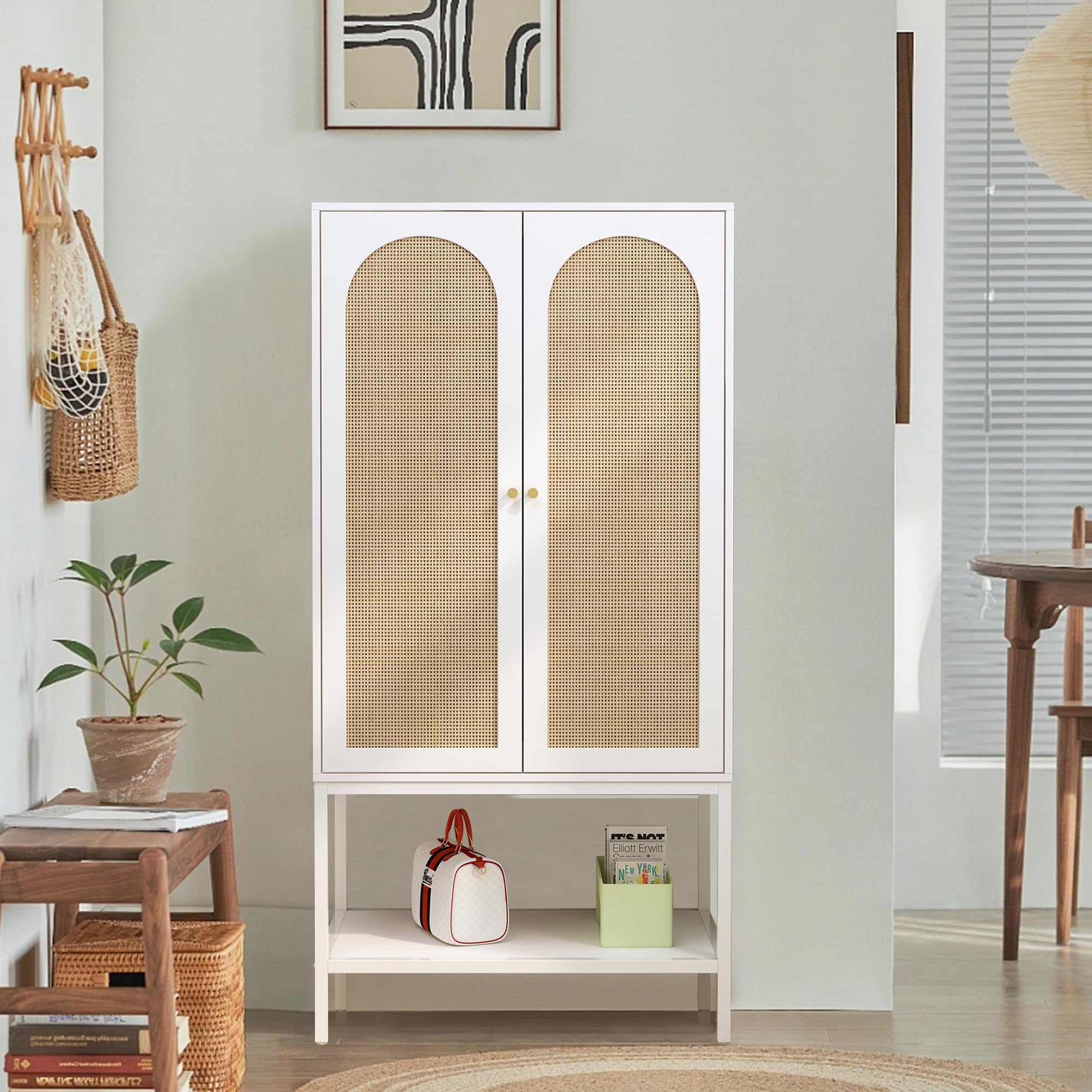FOKWE Wardrobe Closet with 2 Doors, Rattan Wardrobe Cabinet with Shelves and Hanging Rail, Bedroom Independent Wardrobe Closet (White)
