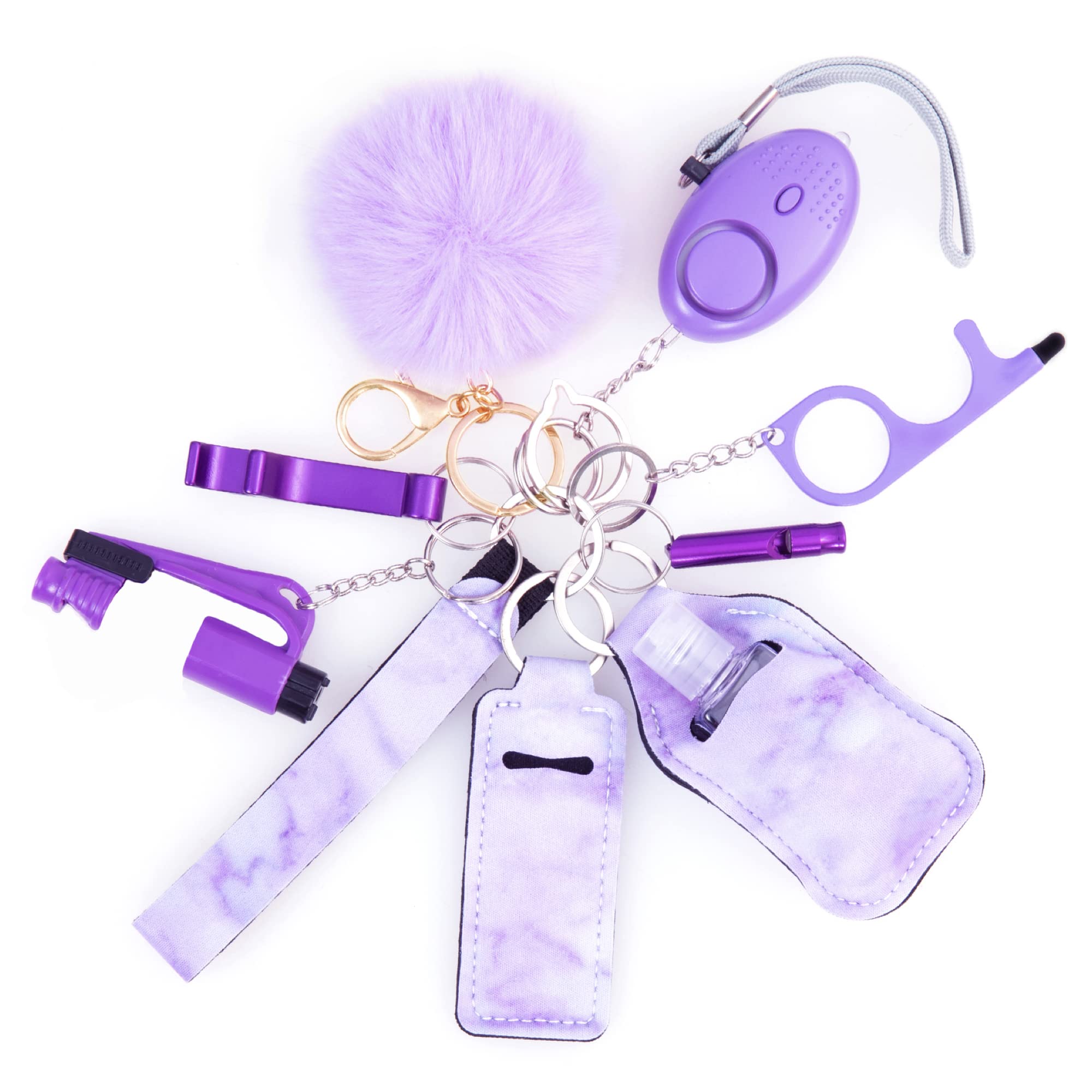 Keychains Set for Girls Safety Alarm with Flashlight, Pom Pom, Wristlet and Multi-Function Keychian Wristlet Purple