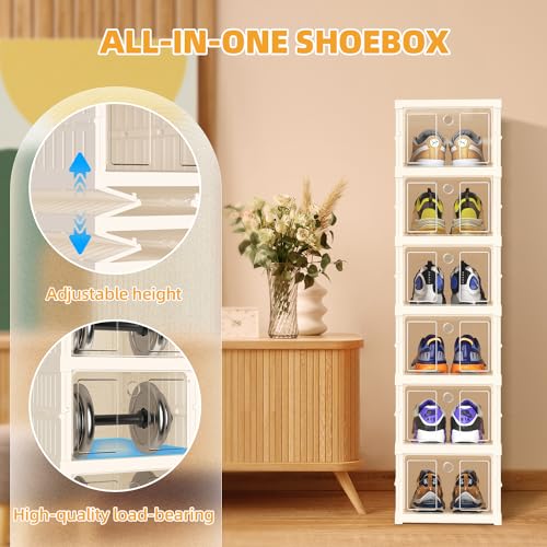 Foldable Shoe Storage Box, 6 Tier Plastic Shoe Storage Cabinet Organizer with Clear Door for Entryway, Shoe Sneaker Storage Containers Fit up to US Size 12, All-in-One
