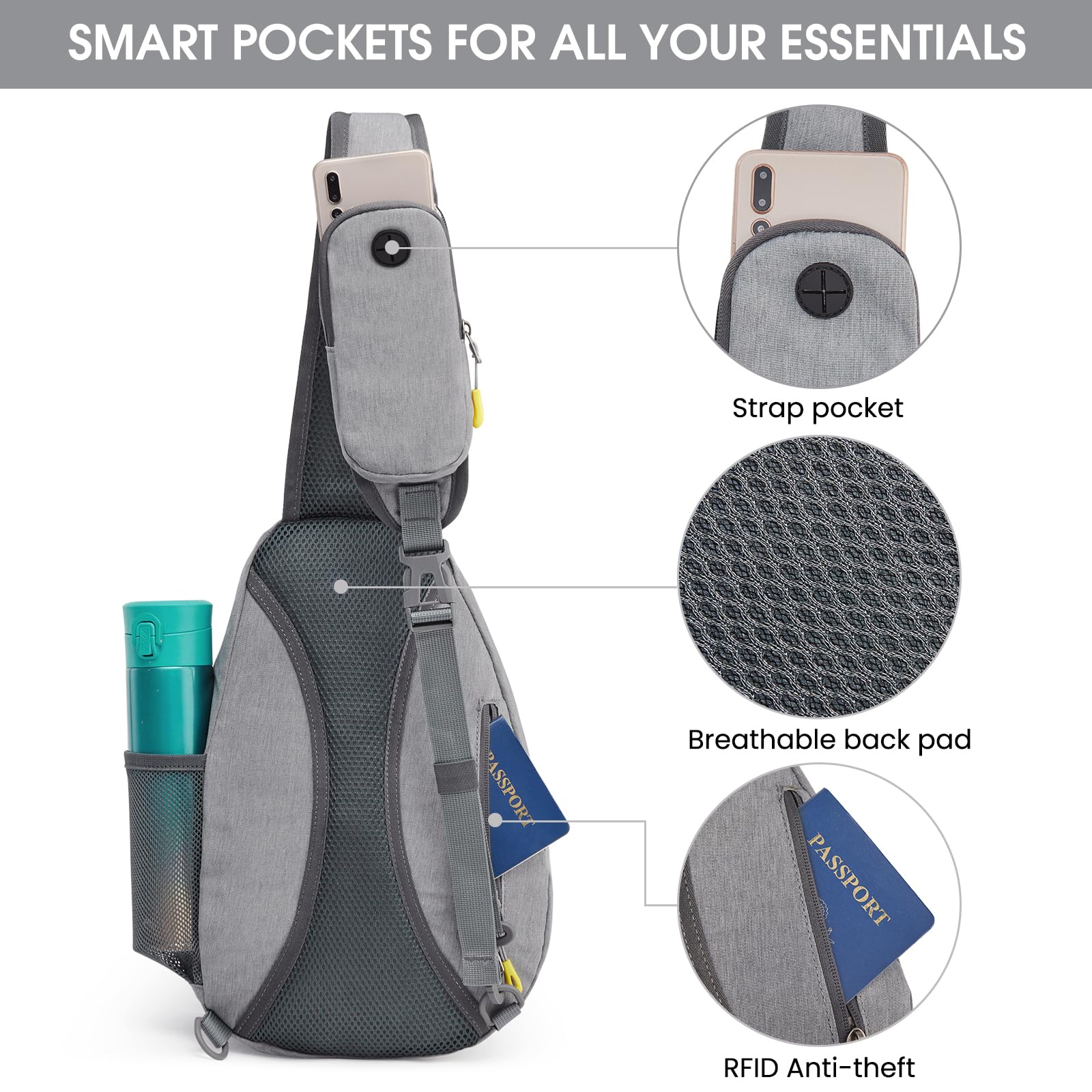G4Free RFID Sling Bag Crossbody Backpack Casual Chest Shoulder Daypack Gym Bag for Hiking Travel 7L(Light Gray)
