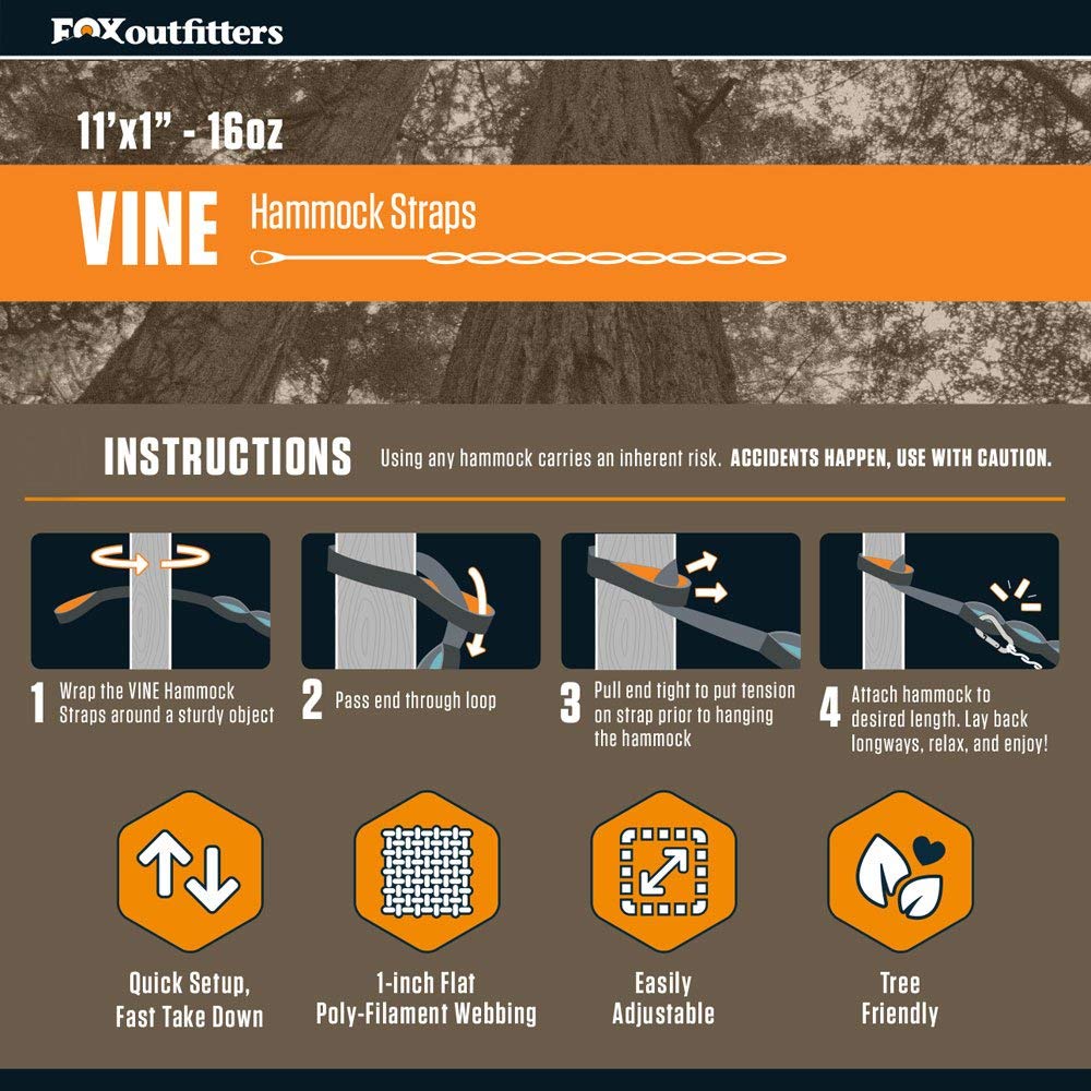 Fox Outfitters Vine Hammock Straps - Super Long 11 ft Hammock Strap Suspension System for Camping, Backpacking, Beach, Backyard Hammock Setup. Non-Stretch Polyester. Set of 2