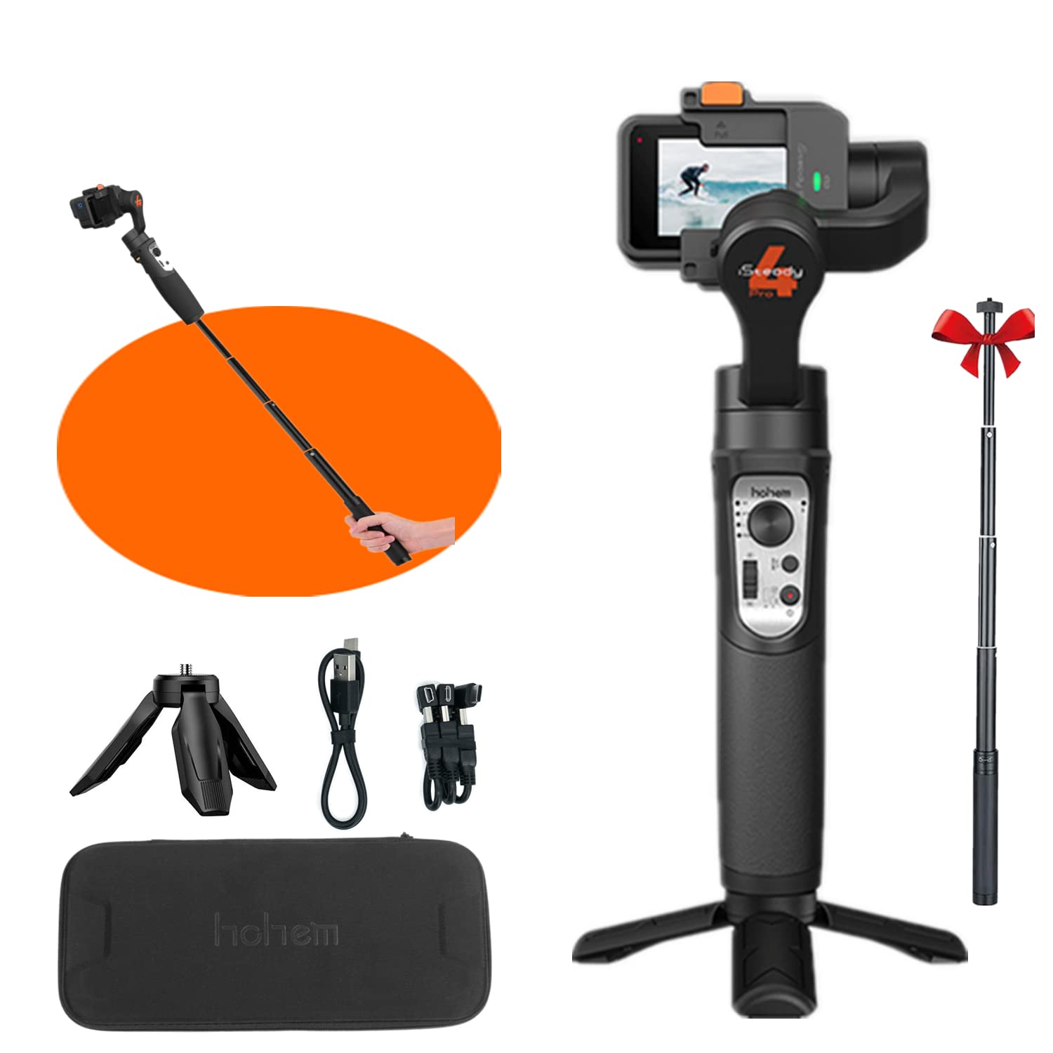 hohem iSteady Pro 4 3 Axis Gimbal for GoPro Hero 12/11/10/9/8/7/6/5 Action Camera Gimbal Stabilizer with Extension Rod, for OSMO Action,for Insta360 for Sony RX0, IPX4 Splash-Proof Bluetooth Control