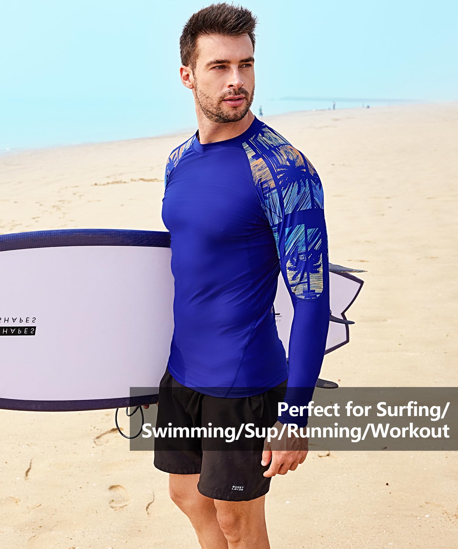 HUGE SPORTS Men's Rash Guard Long Sleeves UPF 50+ UV Sun Protection Quick Drying Splice Compression Swim Shirts(Tropical Style,L)