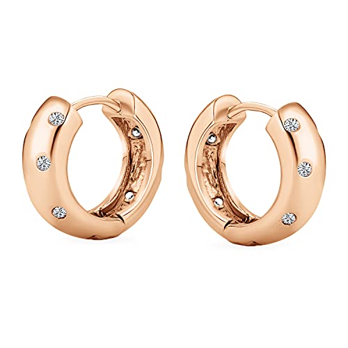 Zig Zag Bezel Set Cubic Zirconia Wide Kpop Huggie Hoop Earrings For Women For Rose Gold Plated .925 Sterling Silver